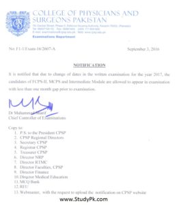 CPSP Revised Schedule of Examination 2017 - StudyPK