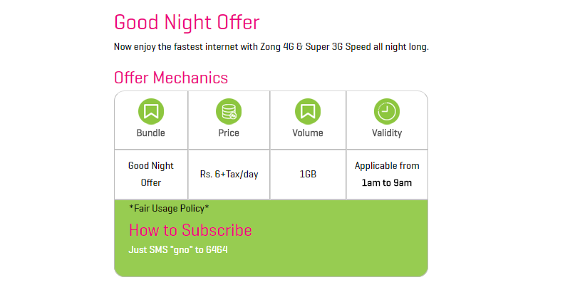 Zong 3G / 4G Mobile Unlimited Internet Good Night Package - StudyPK
