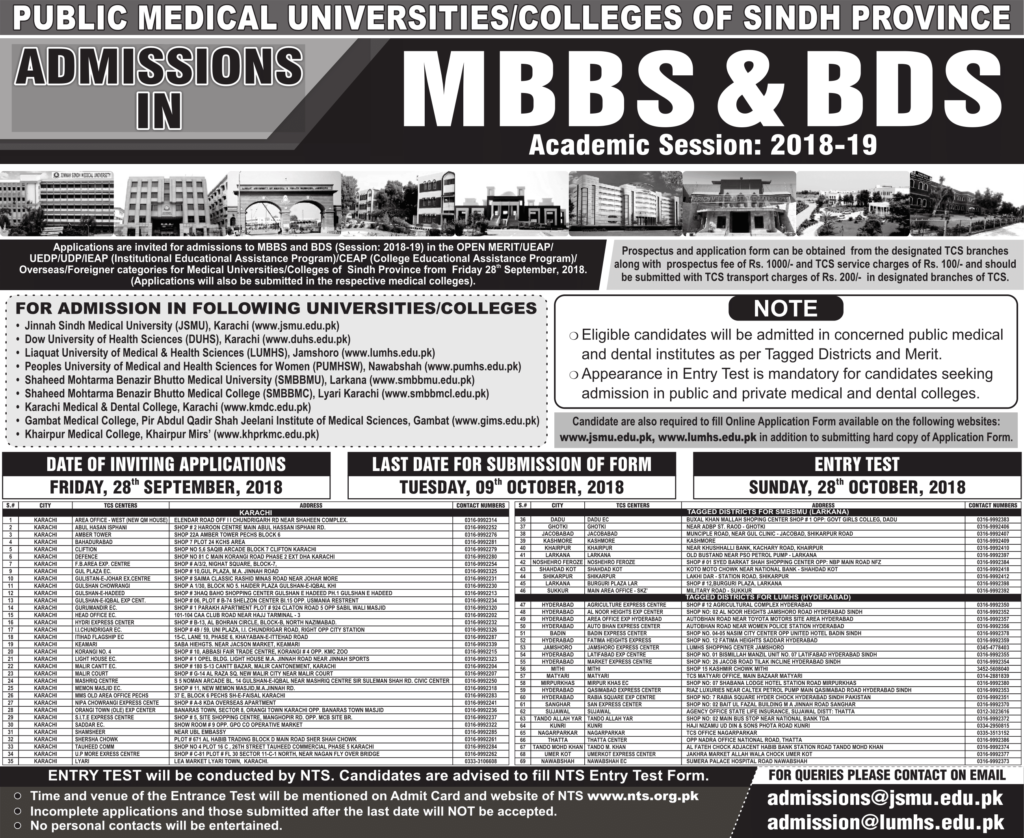 Sindh Medical Colleges Admissions 2018-19 (MBBS & BDS) - StudyPK