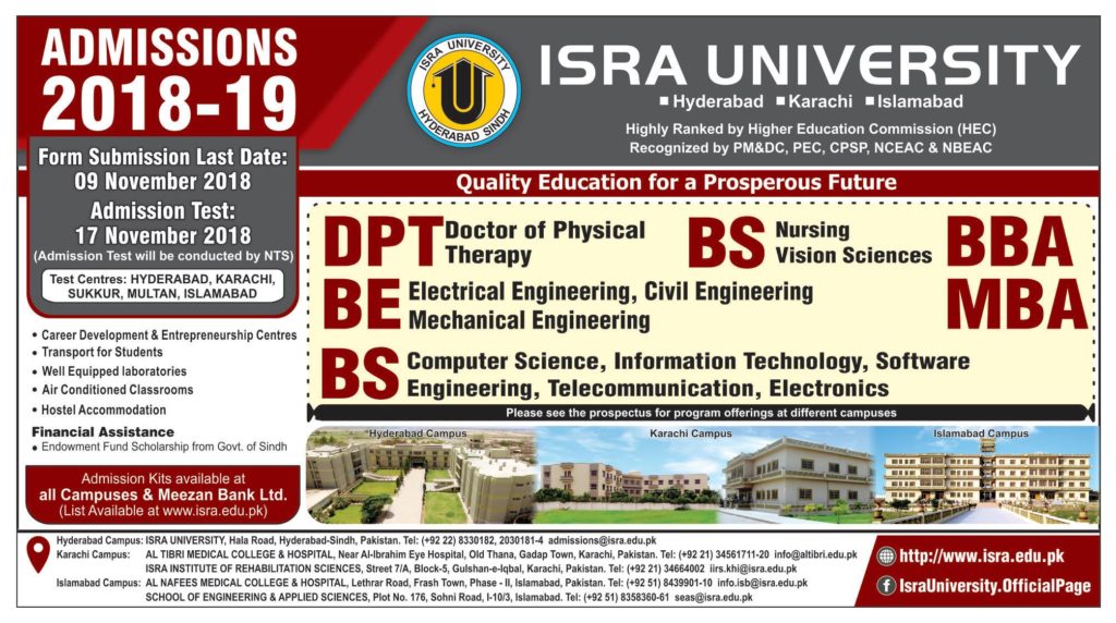 ISRA University Karachi DPT BBA MBA Admission 2018 - StudyPK