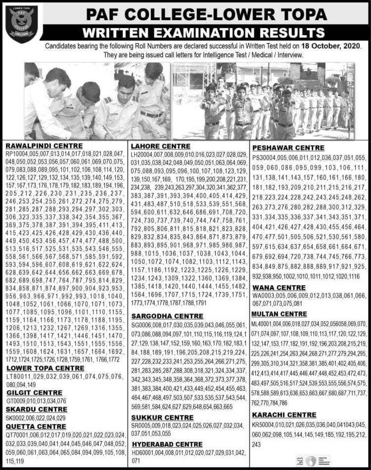 PAF College Lower Topa Written Examination Result 2020-2021 - StudyPK