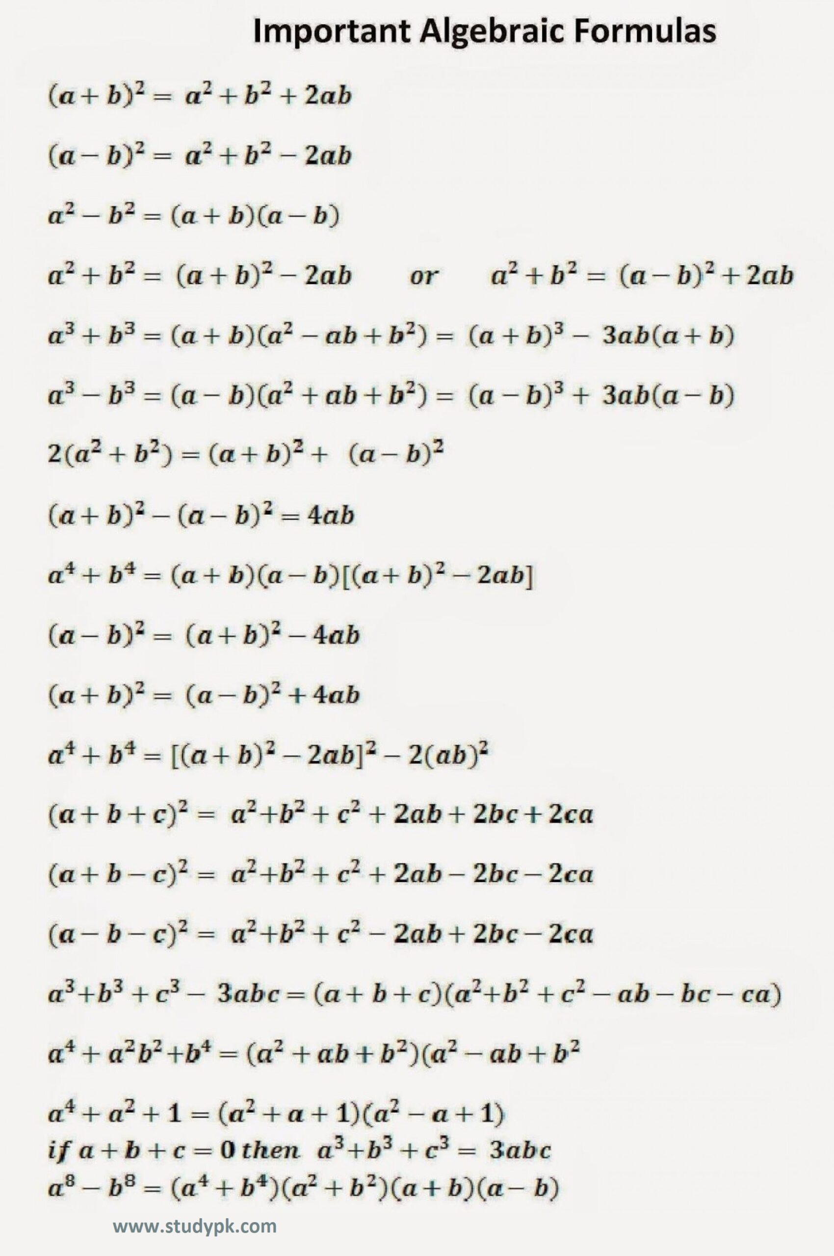 Important Algebraic Formula Definition And Examples StudyPK Important Algebraic Formula Definition And Examples StudyPK